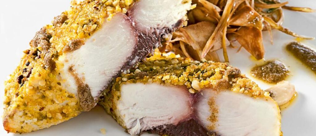 ALMOND AND PISTACHIO-CRUSTED AMBERJACK STEAK WITH ARTICHOKE SALAD ...